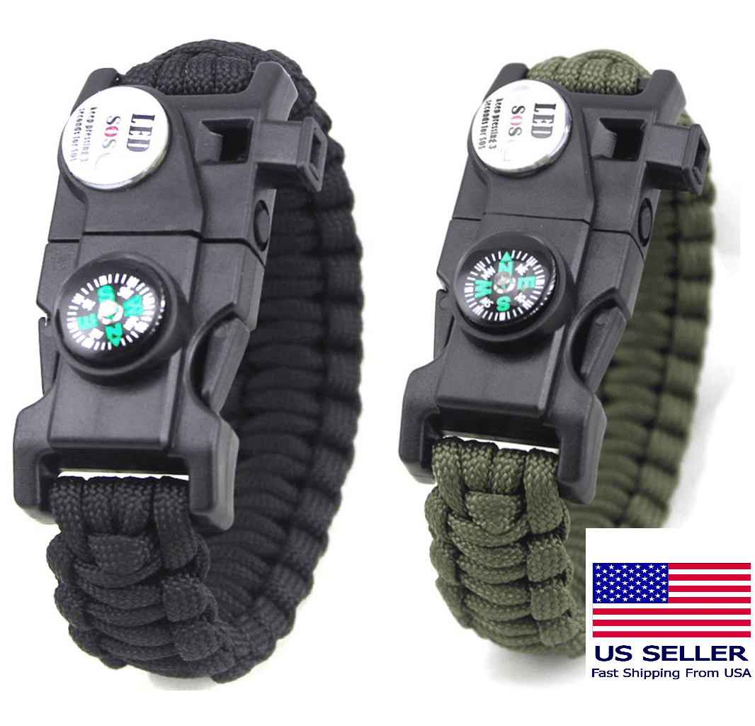 Paracord Survival Bracelet Fire Starter, Compass Whistle, SOS Led Light ...
