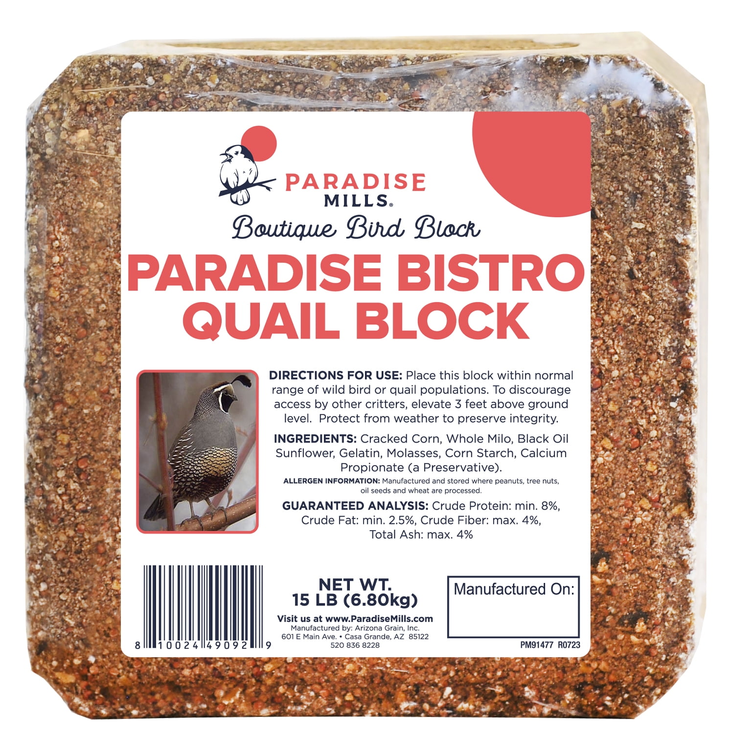 Paradise Mills Quail Bird Food Block, 15 lb, Each, New, Formulated for ...