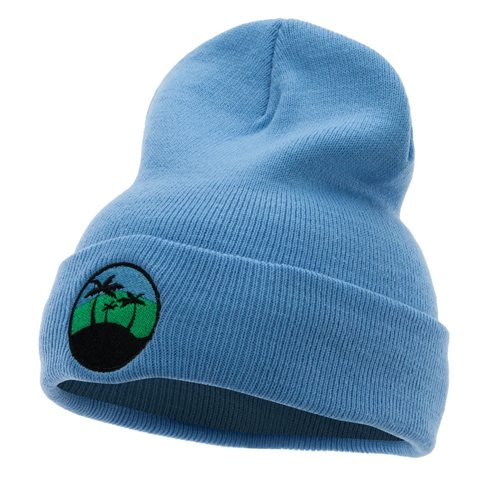 Paradise Palm Trees Embroidered 12 Inch Long Knitted Beanie - Sky Blue ...