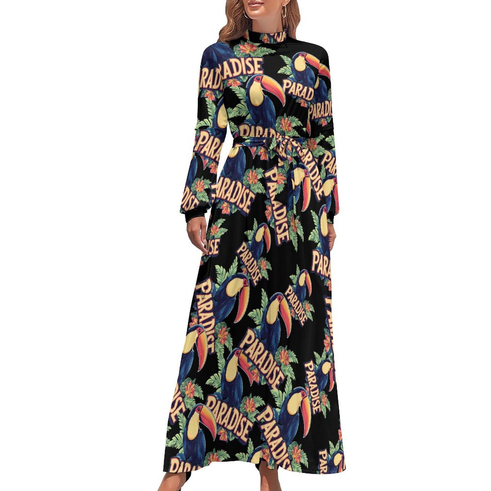 Paradise Toucan Women's Fall Maxi Dress Long Sleeve Turtleneck Flowy ...