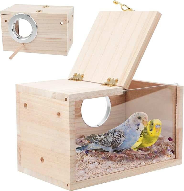 Parakeet Nesting Box Transparent Bird House for Cage Natural Wood Breeding Box for Parrot ...