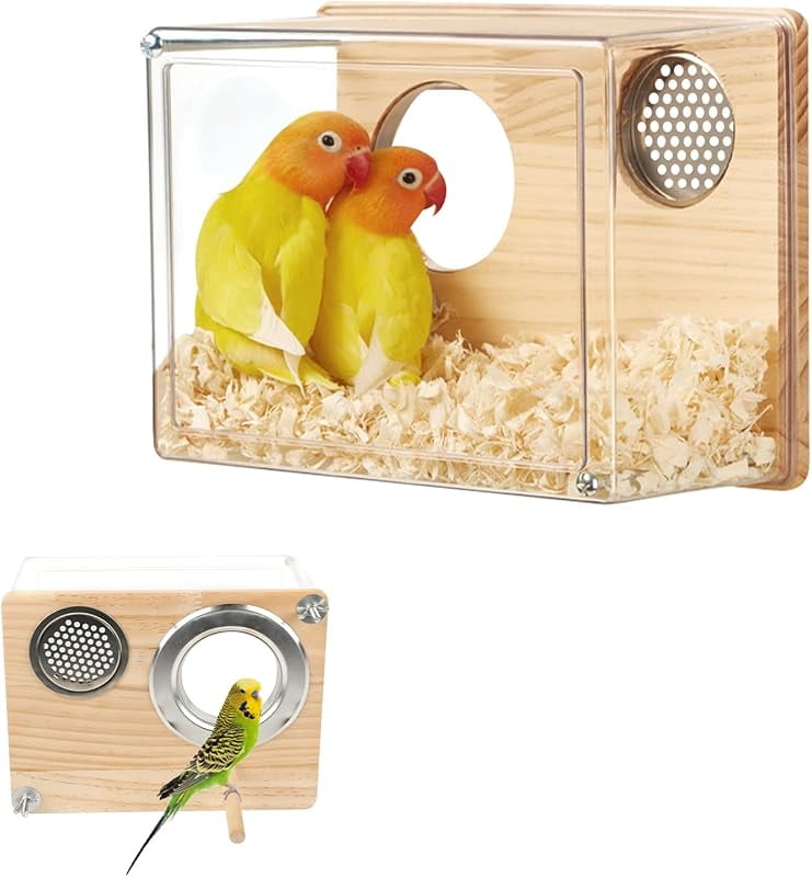 Parakeet Nesting Box Transparent Design, Natural Wood Bird Nest ...