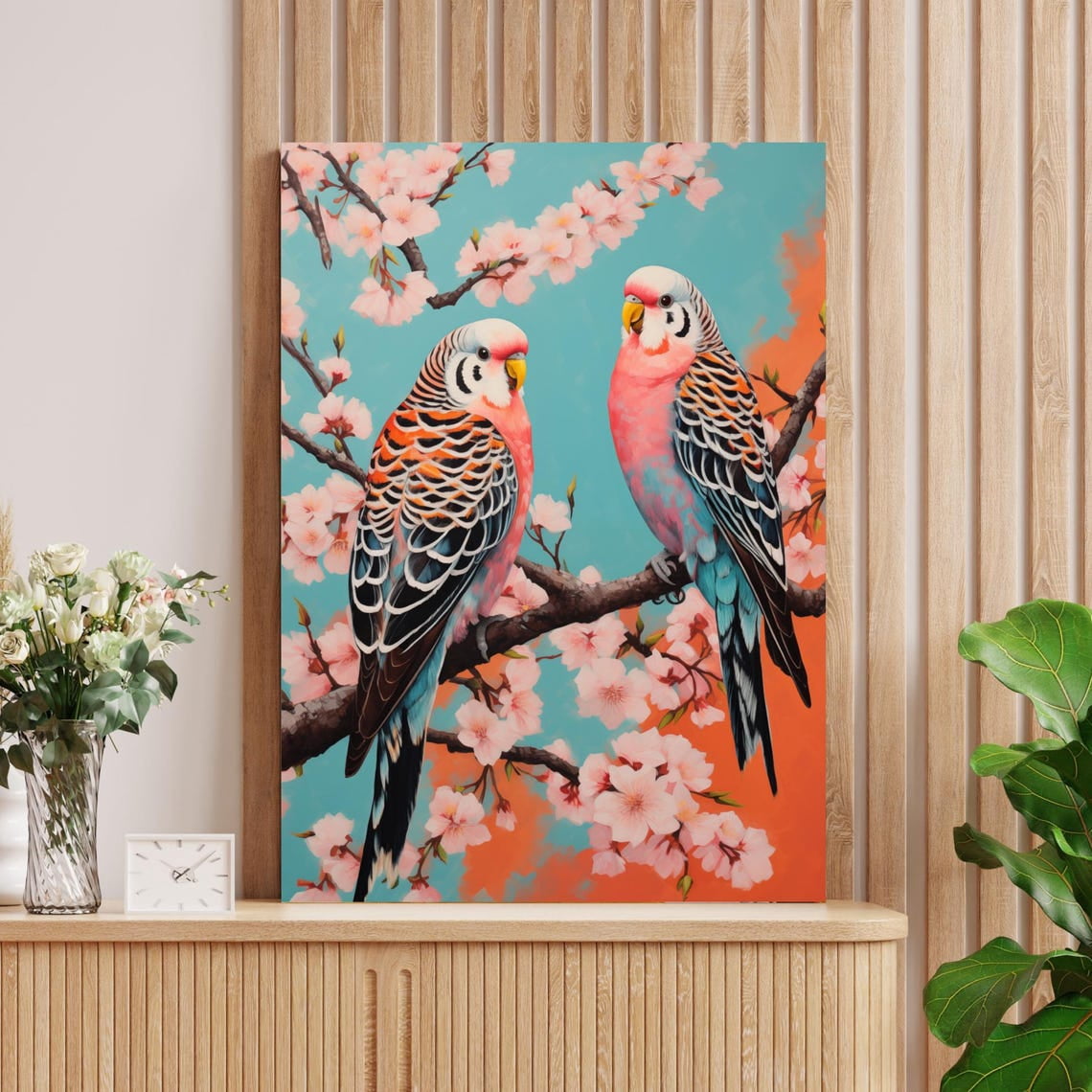 Parakeet Wall Art, Cherry Blossom Bird Print, Budgie Painting On ...