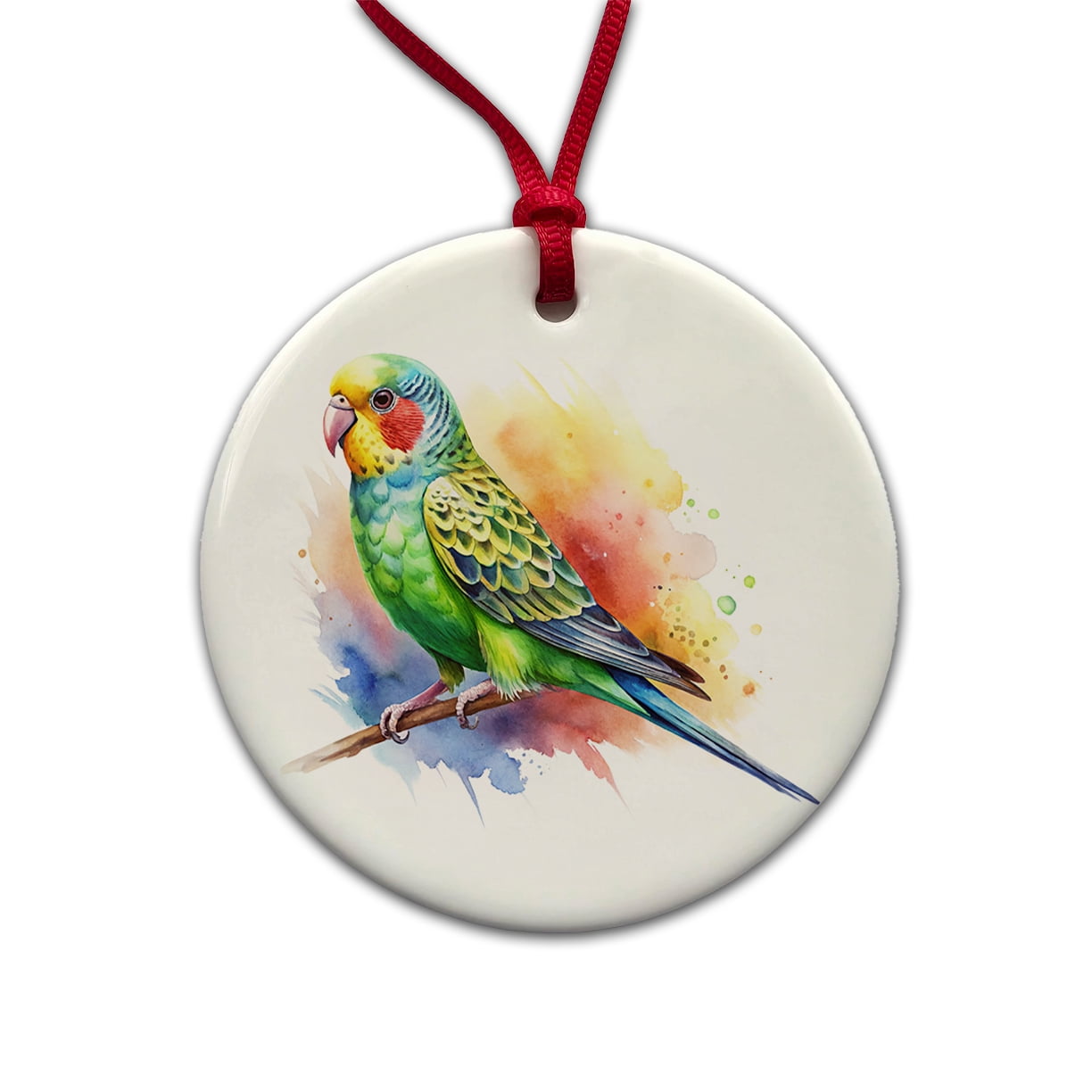 Parakeet Watercolor Christmas Tree Holiday Round Ceramic Ornament ...