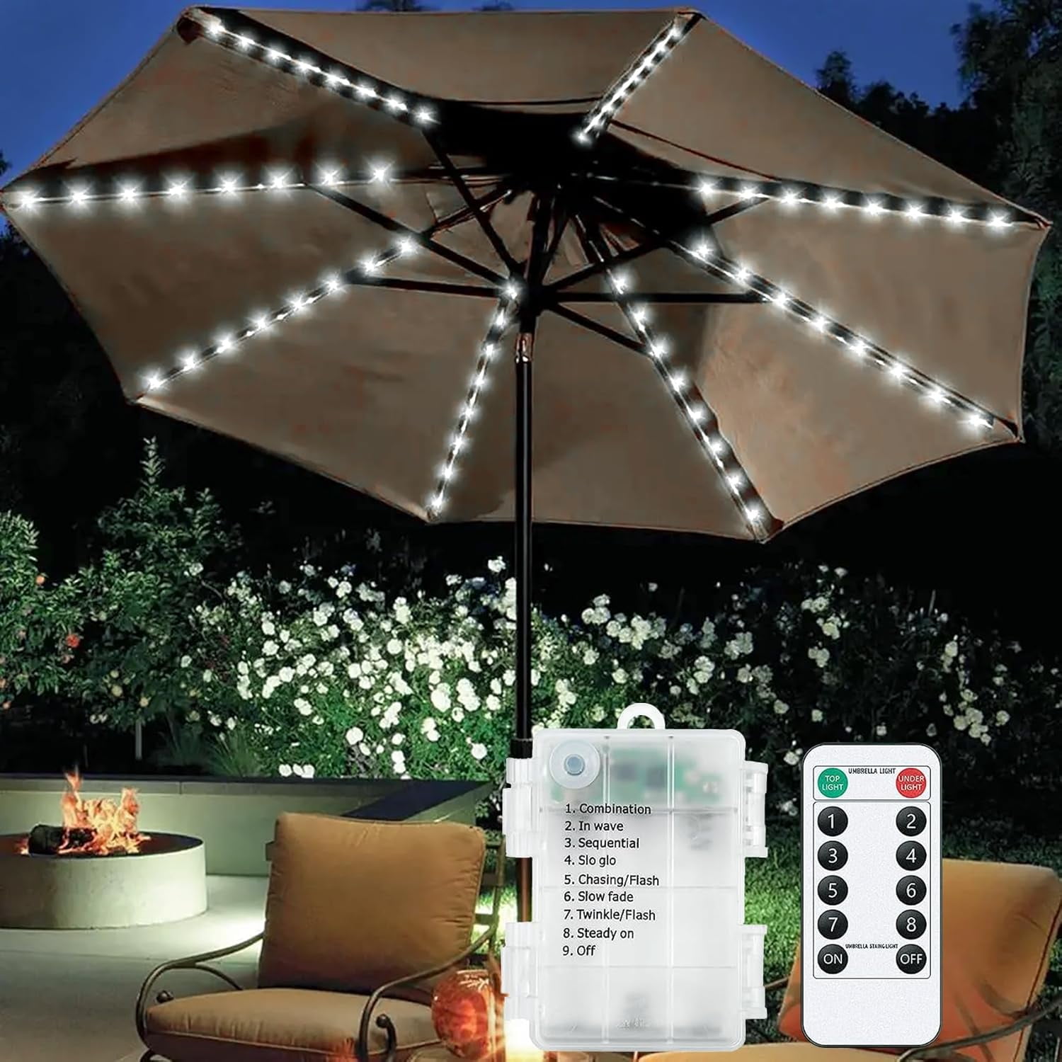 Parasol Lights 104 LED Waterproof Battery Garden Lights Patio Umbrella ...