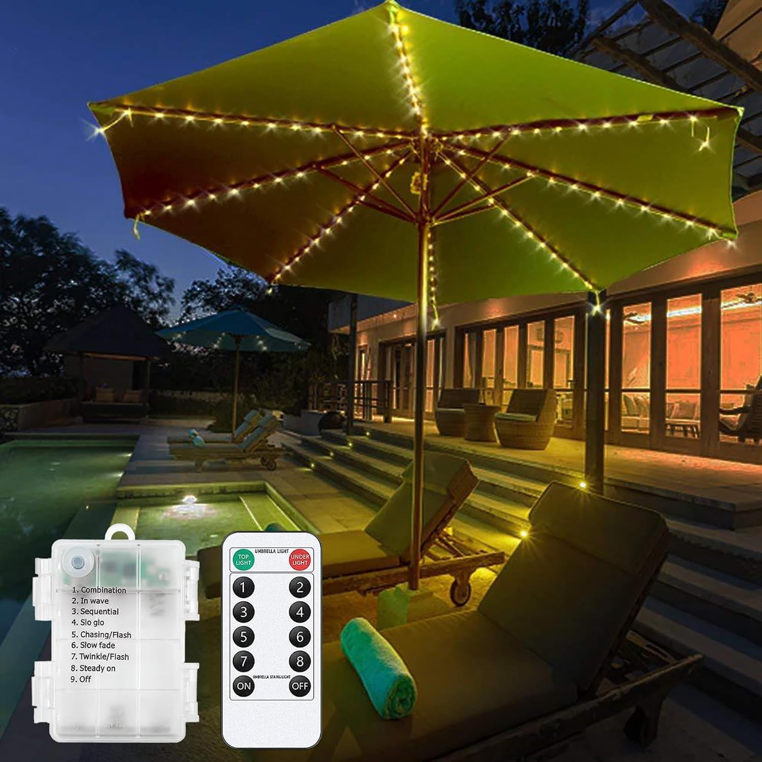 Parasol Lights 104 LED Waterproof Battery Garden Lights Patio Umbrella ...