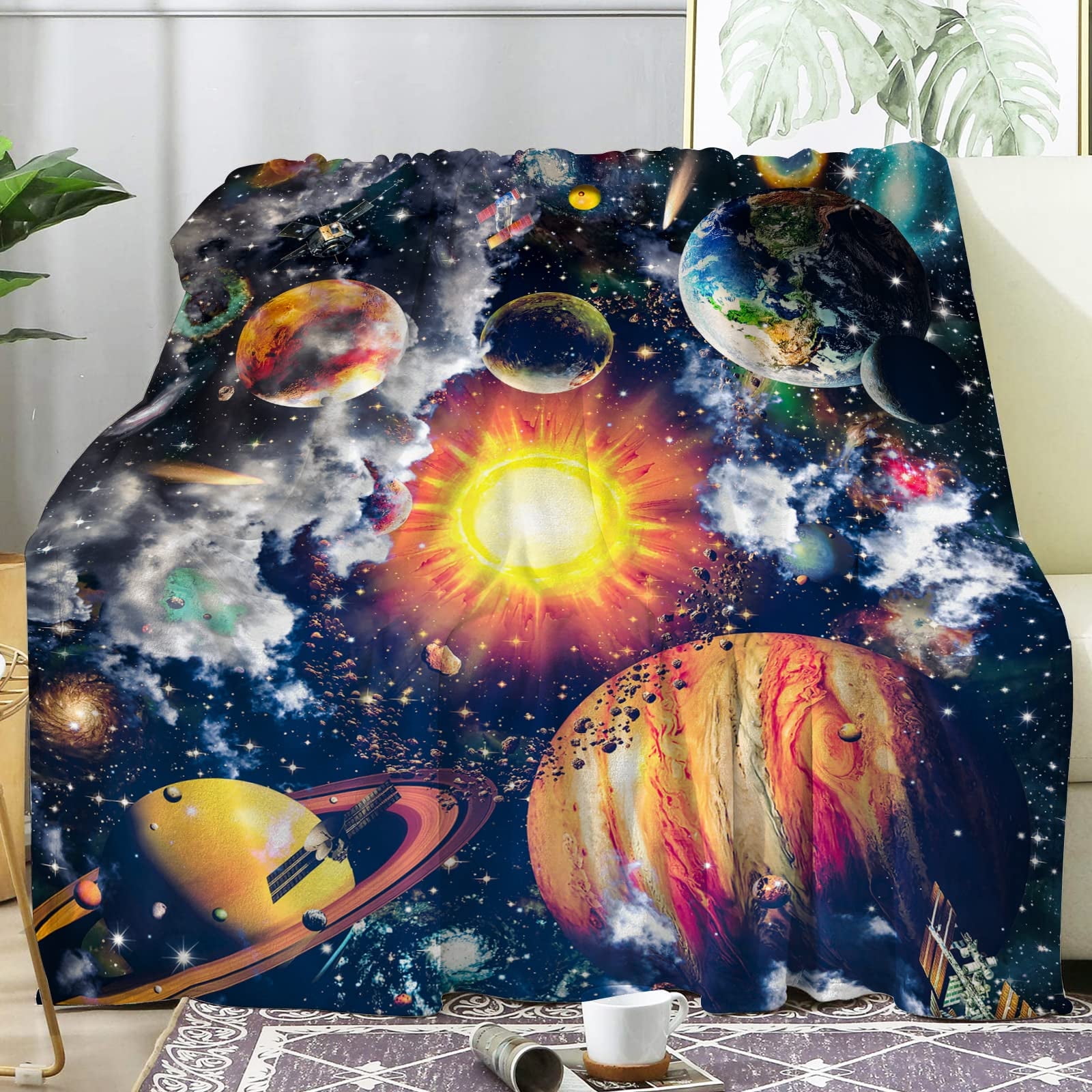 Paready Outer Space Blanket Soft Flannel Fleece Throw Blanket Cozy Solar System Blanket for Boys ...