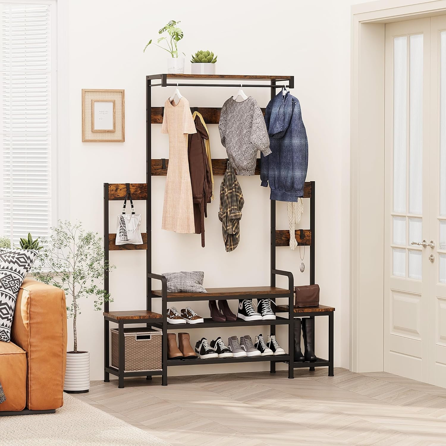 Parent-Child Hall Tree with Bench & Shoe Storage and Free Standing Coat ...