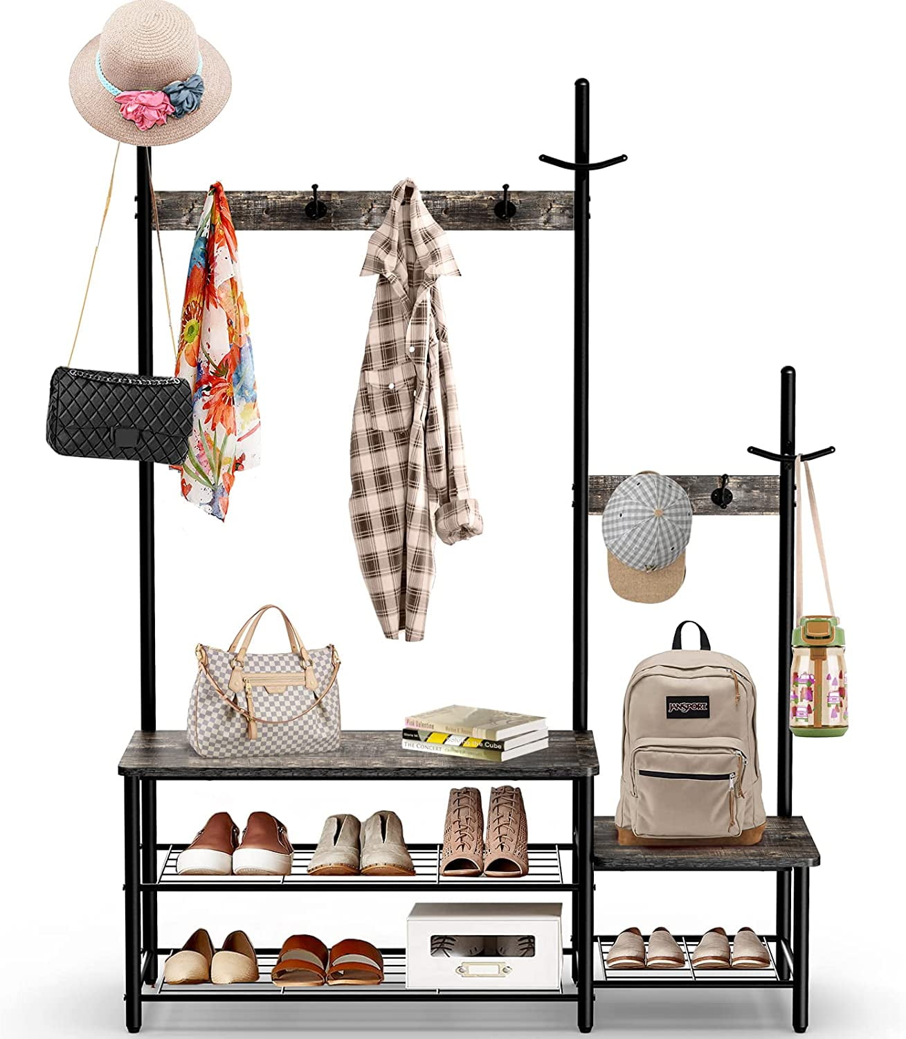 Parent-Child Hall Tree Entryway Bench with Coat Rack Sturdy Shoe Rack ...