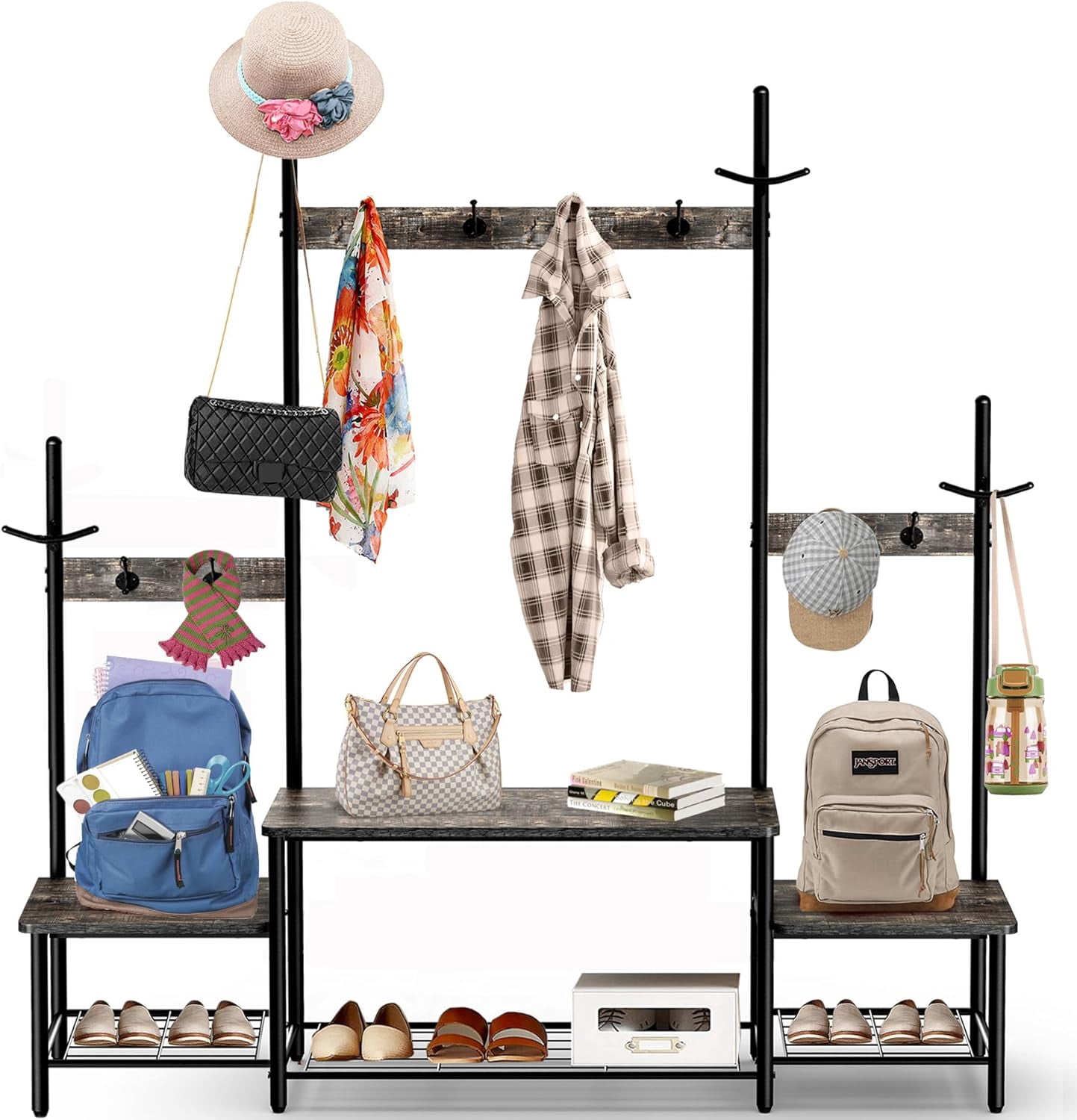 Parent-Child Hall Tree Entryway Bench with Coat Rack Sturdy Shoe Rack ...