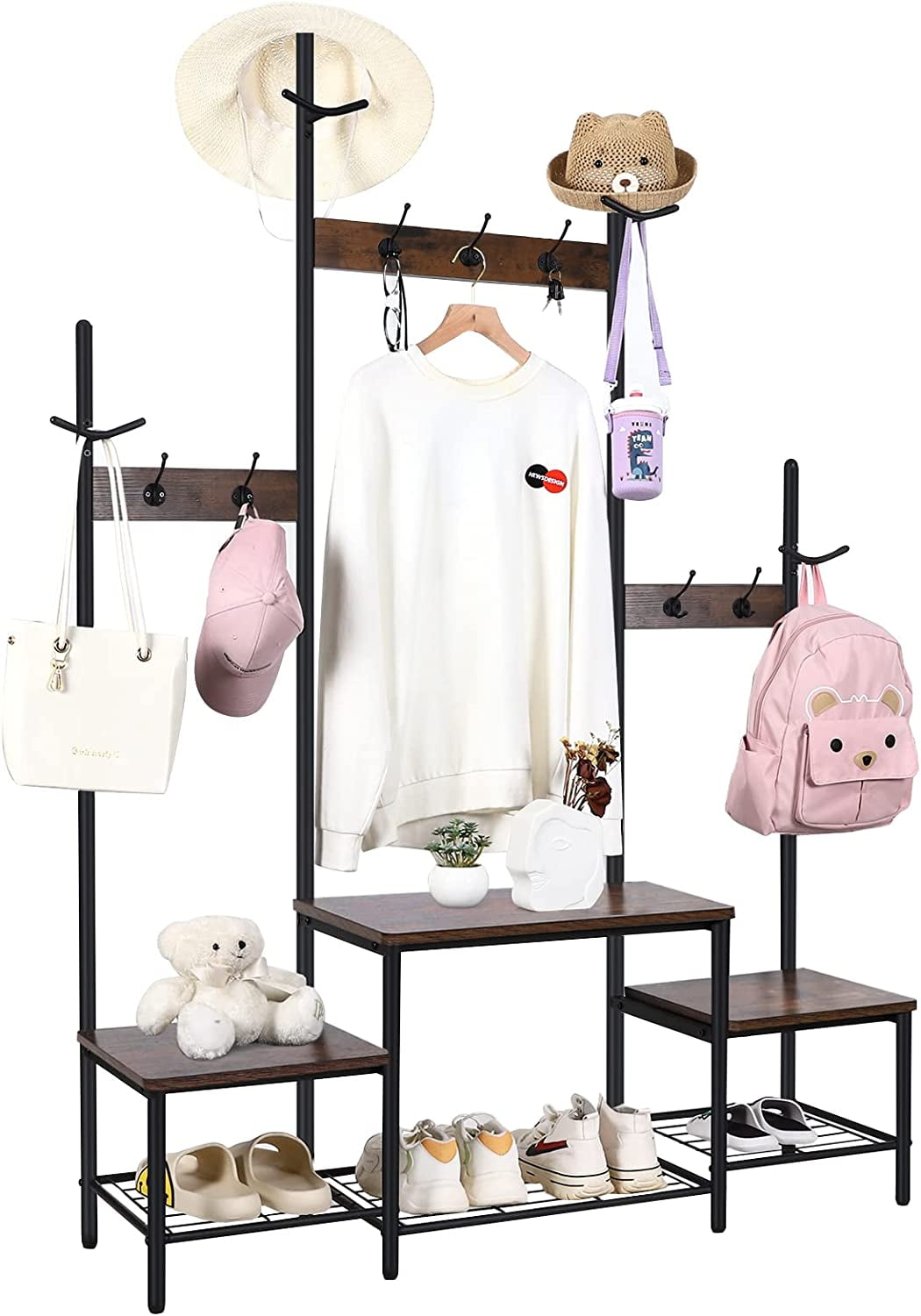 Parent-Child Hall Tree Entryway Bench with Coat Rack Sturdy Shoe Rack ...