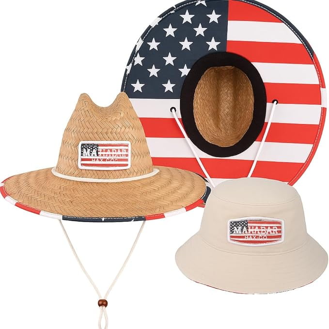 Parent-Child Matching American Flag Sun Hat Set – Adult Straw Lifeguard ...