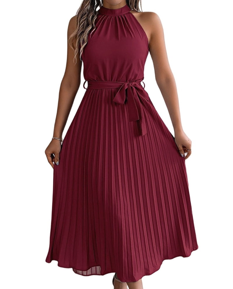 Parfaitlady Women'S 2025 Summer Sleeveless Halter Neck Pleated Midi ...