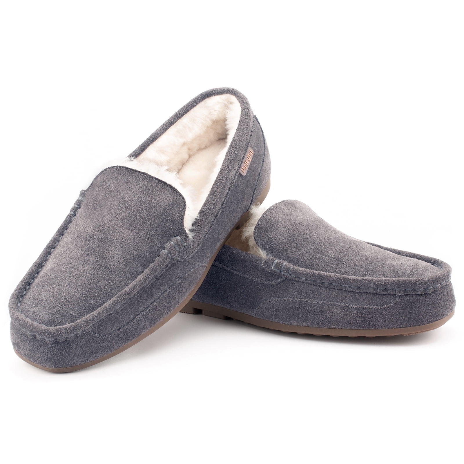 Parfeying Men's Indoor Outdoor Sheepskin Moccasins Slippers Memory Foam ...