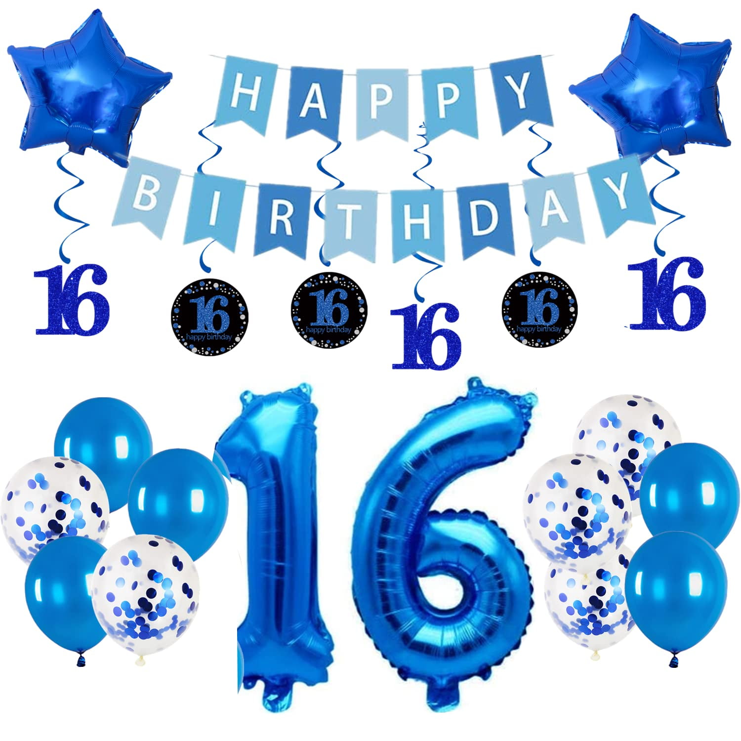 Pargleev 16th BirthdayTRDN Party Decorations for Boys Girls Comprise Balloons with Swirl ...