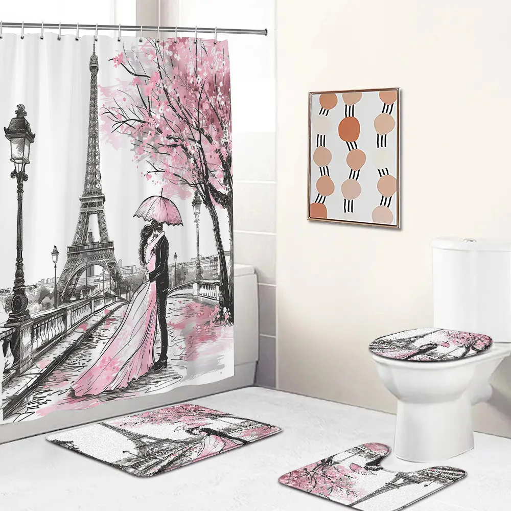 Paris Bath Curtains Set Romantic Eiffel Tower Red Lips European ...