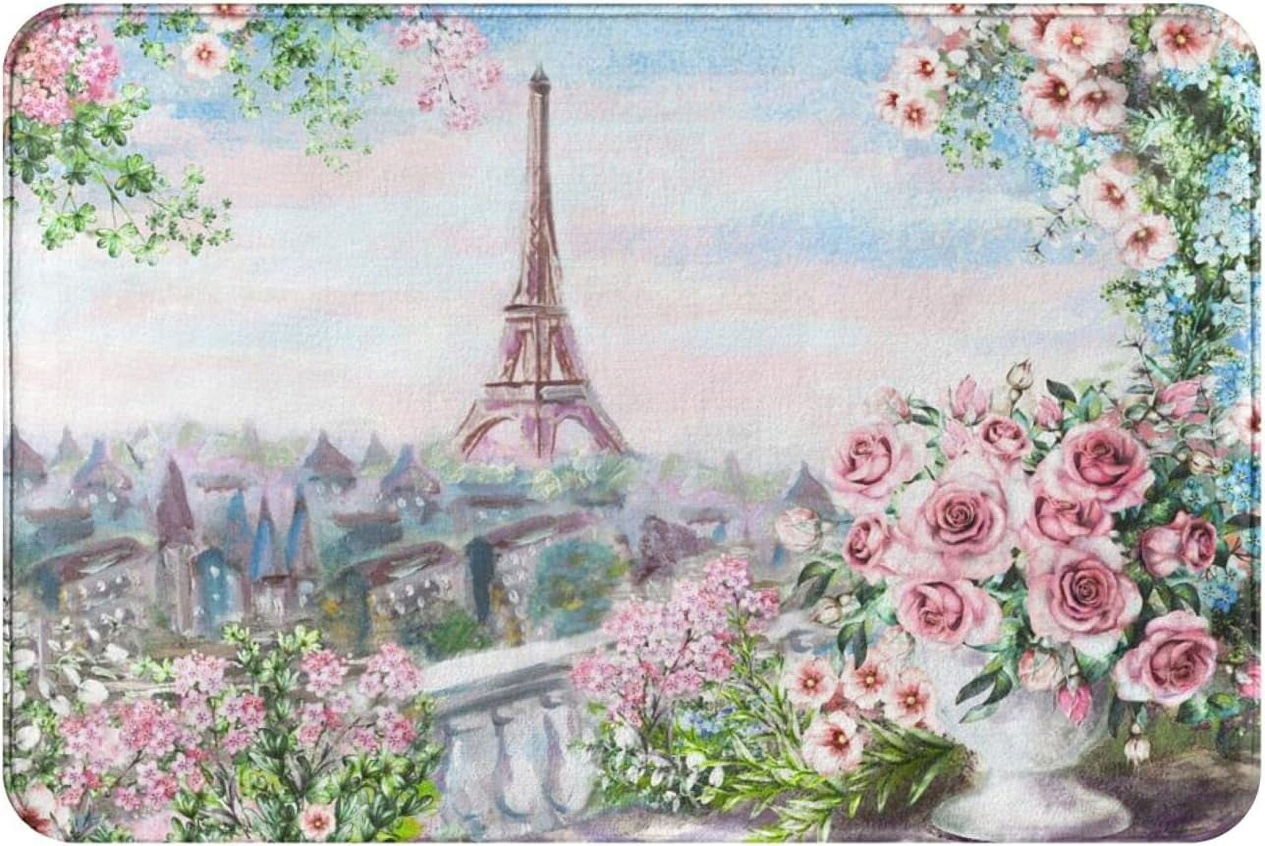 Paris Bath Mat for Bathroom Eiffel Tower Rose Garden Absorbsent Non ...
