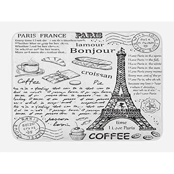 Paris Bath Mat, Traditional Famous Parisian Elements Bonjour Croissan ...