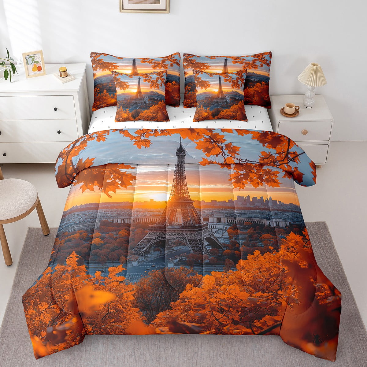 Paris Bedding Set 7 Pieces Romantic Eiffel Tower Painting Comforter ...