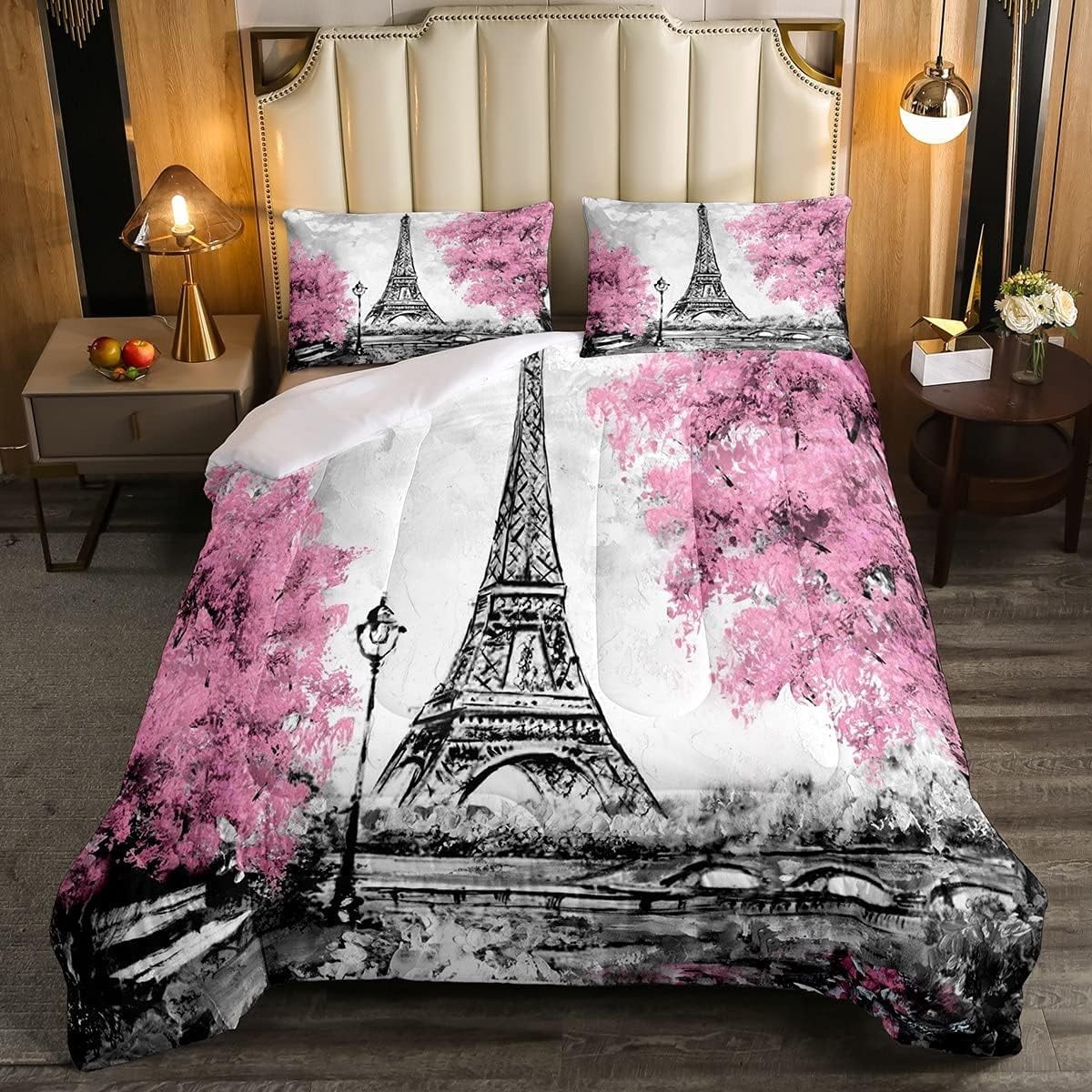 Paris Queen Comforter Set, Eiffel Tower Bedding, Retro Pink/Grey, 1 ...