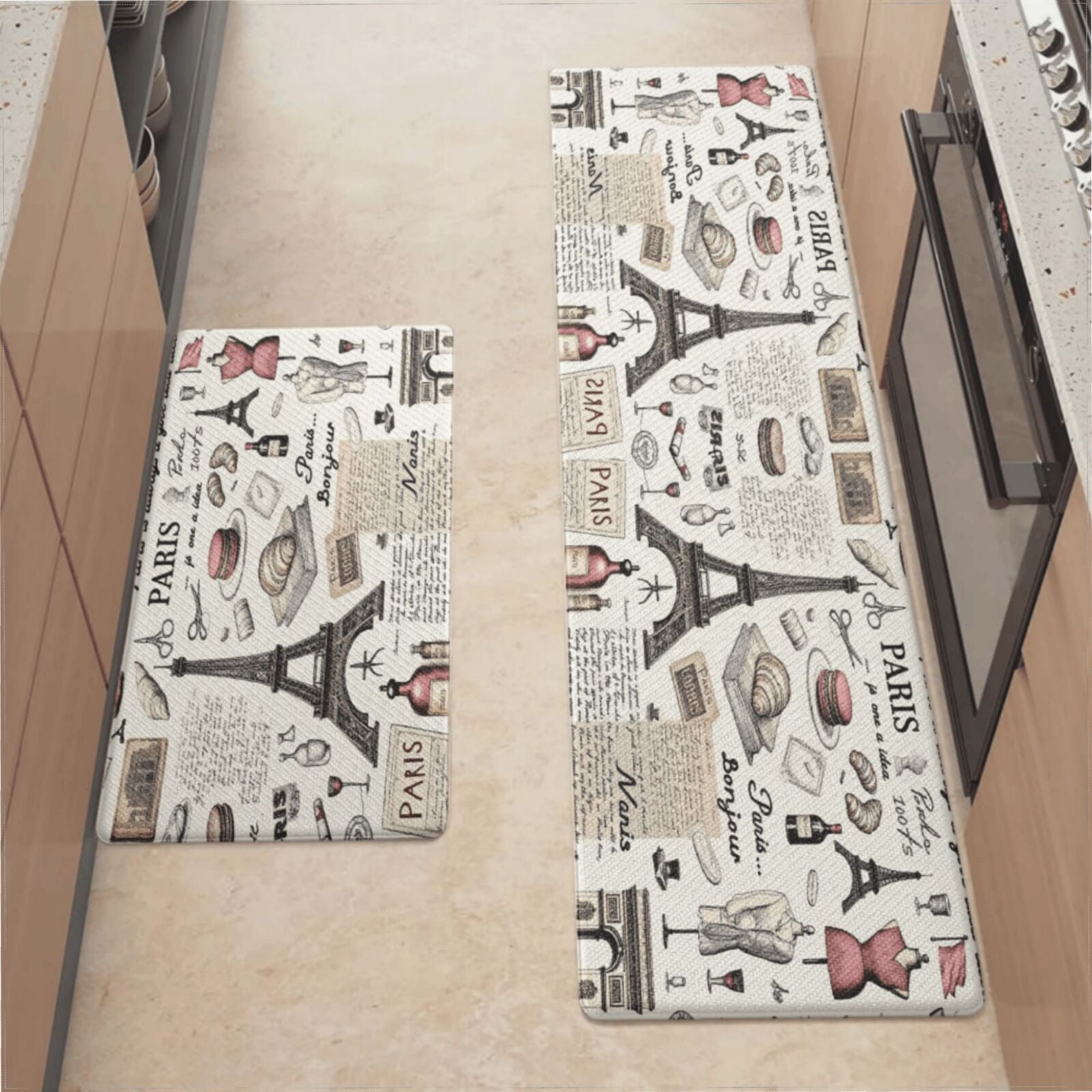 Paris Cafe Painting Pvc Kitchen Mat Runner 2 Pieces Non Slip Washable Kitchen Runner 10mm Thick ...
