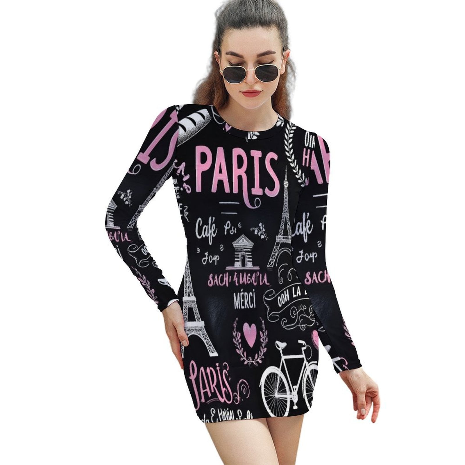 Paris Chalkboard Print Fabric Women's Long Sleeve Bodycon Dress Soft Stretchy For Everyday Wear ...