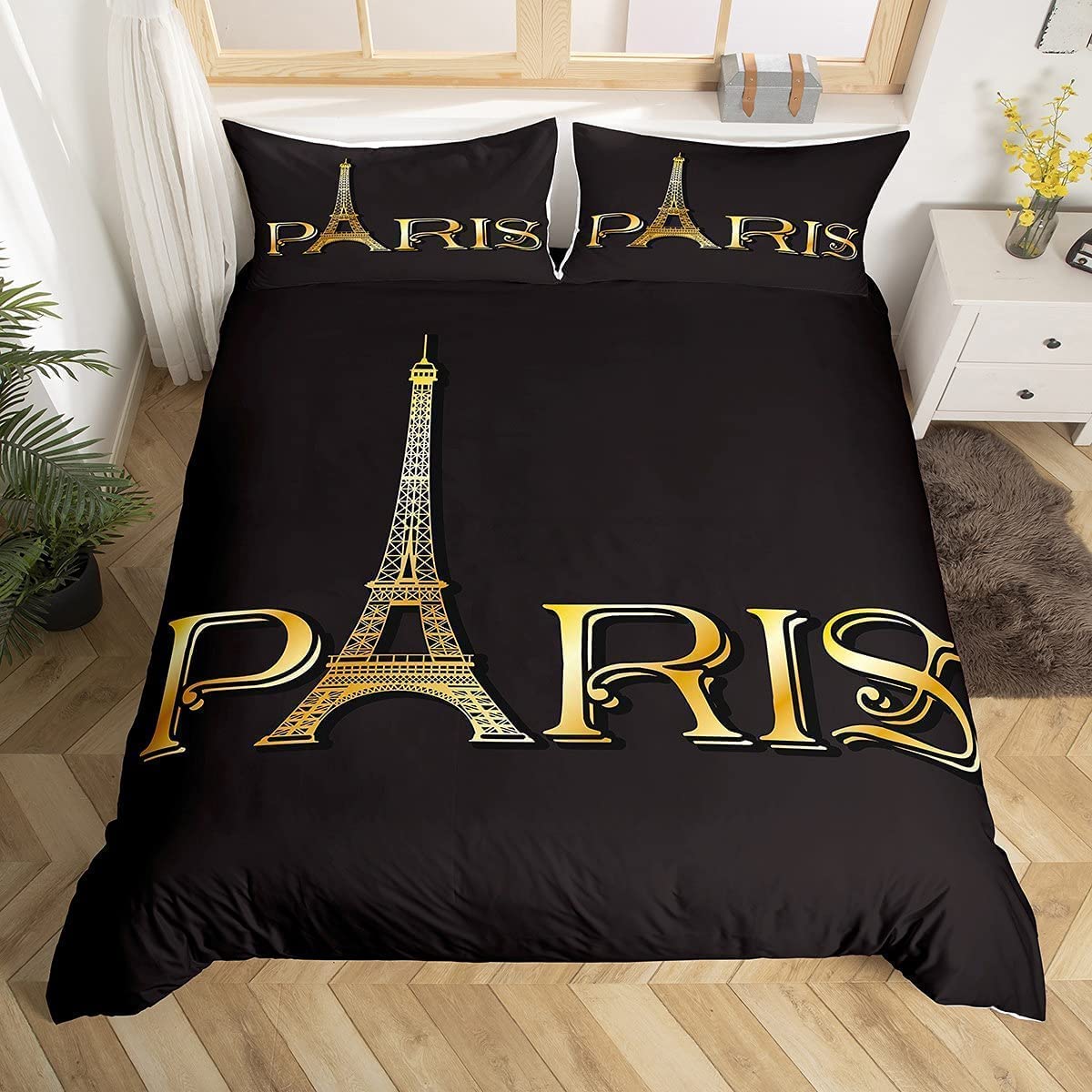 Paris Comforter CoverKids Eiffel Tower Bedding Set Black and Gold Paris ...
