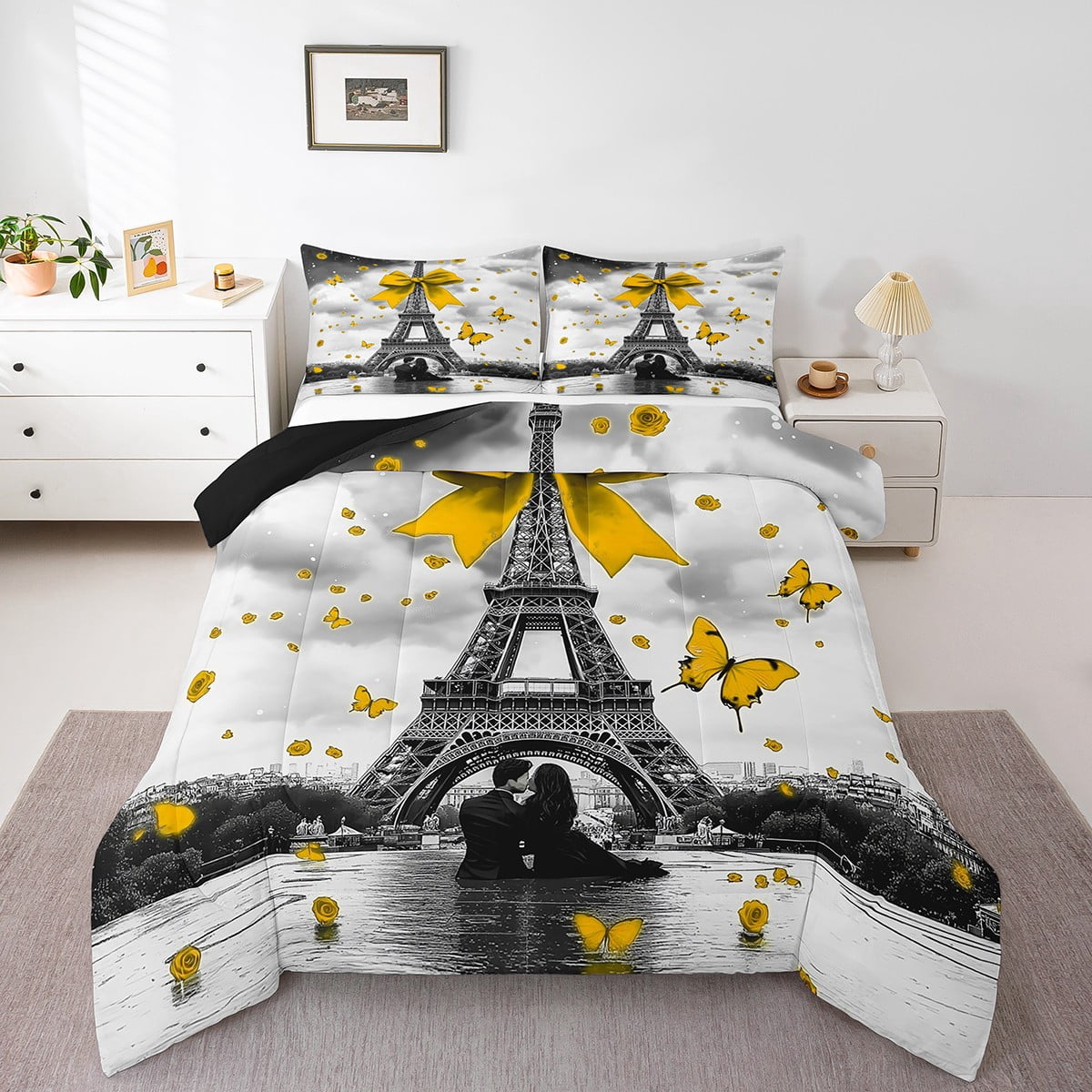 Paris Comforter Set Queen Size for Lovers Couple Adult,Yellow Eiffel ...