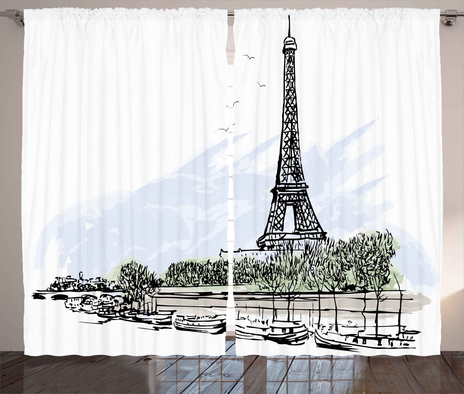 Ambesonne Paris Curtains 2 Panel Set, Eiffel Tower Birds Trees, 108" x ...