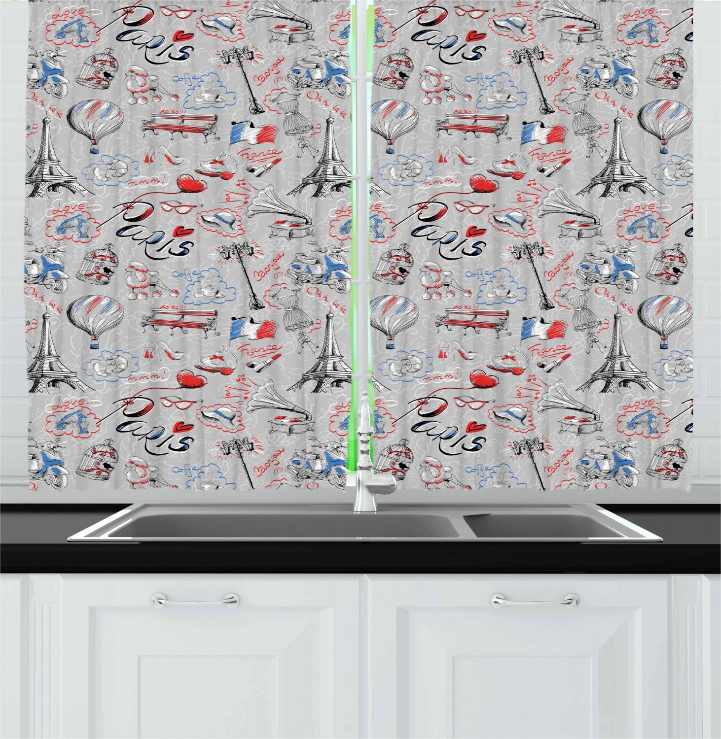 Paris Curtains 2 Panels Set, France Themed Image with French Flag Dogs ...