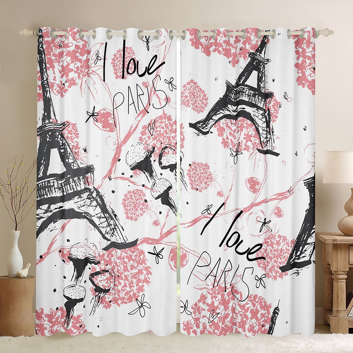 Paris Curtains & Drapes Eiffel Tower Curtains Couples Floral Blossom ...