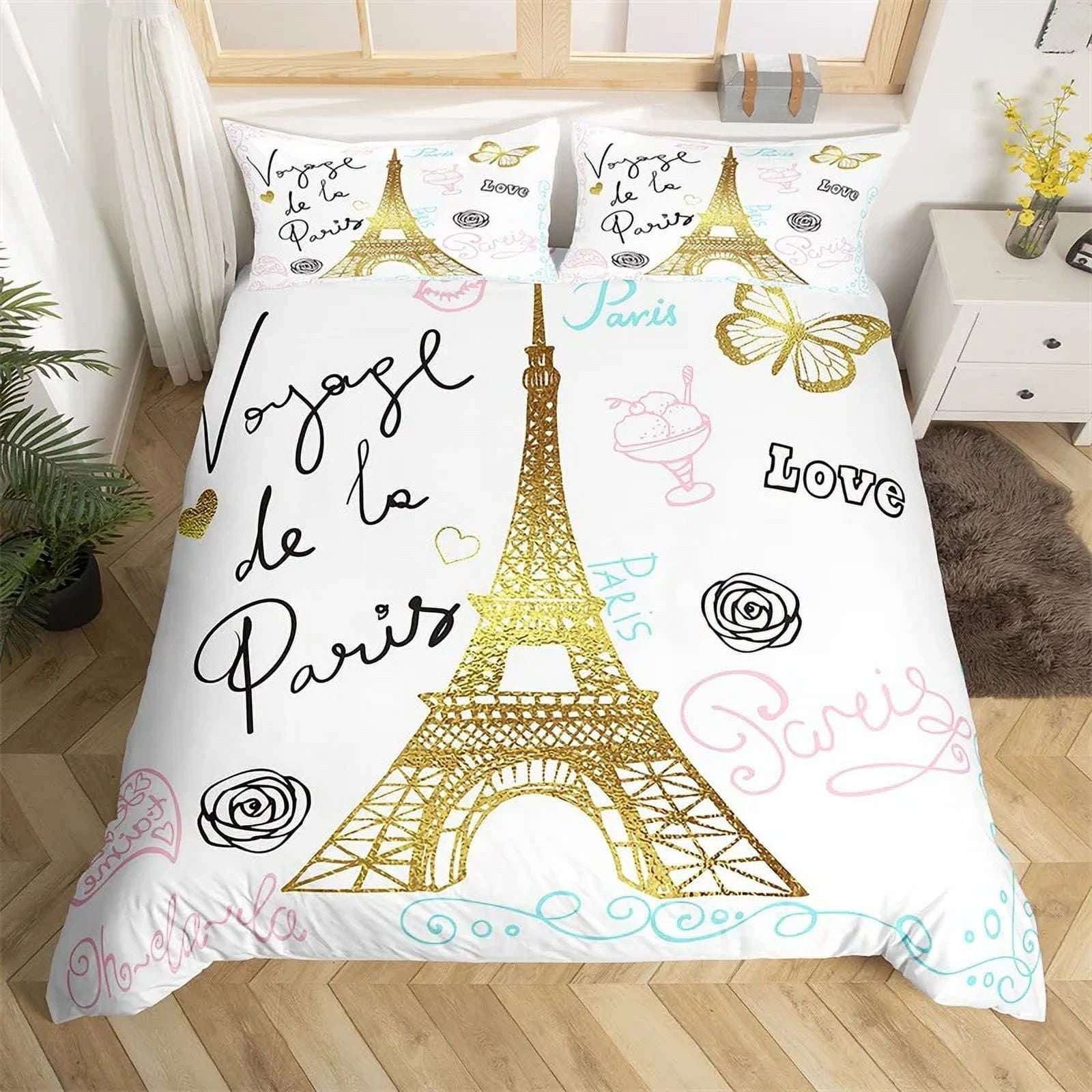Paris Duvet Cover Set Eiffel Tower Bedding Set Polyester Romantic French Flower Quilt Cover For ...