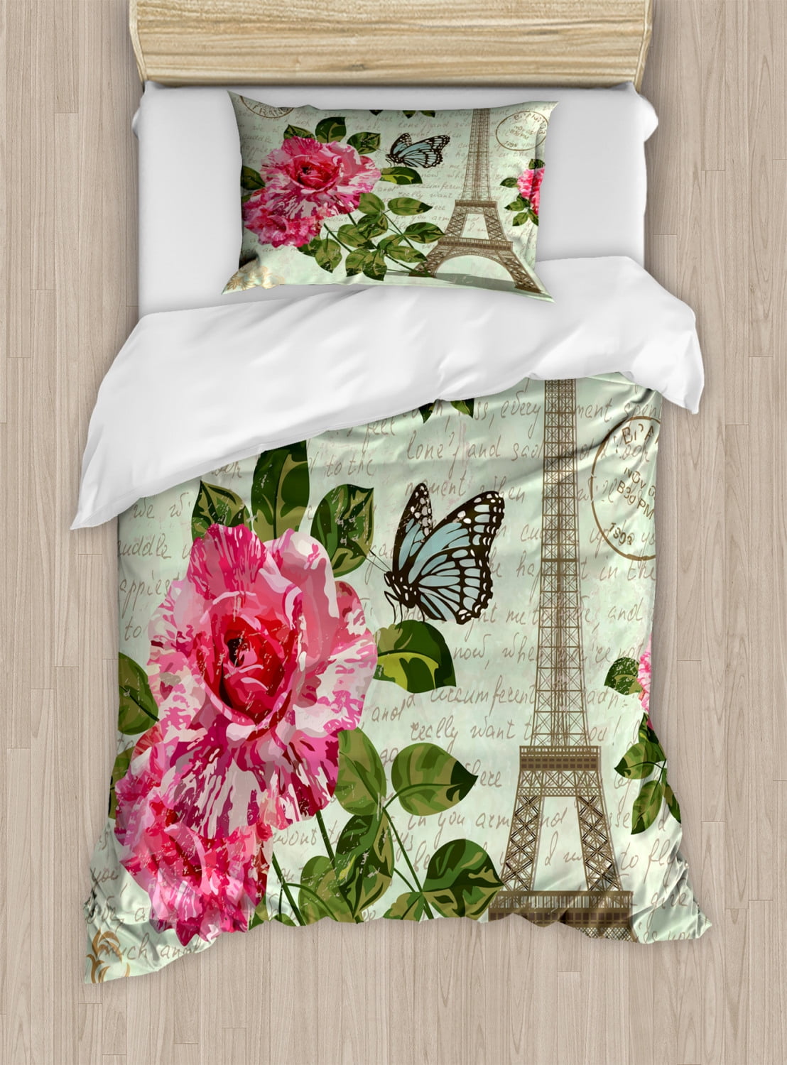 Paris Duvet Cover Set Twin Size, Shabby Chic Romantic Roses Flowers Leaves with Eiffel Tower and ...