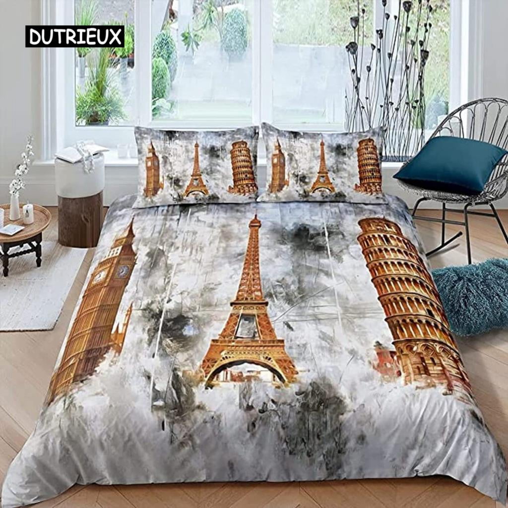 Paris Duvet Cover Vintage Eiffel Tower Red Umbrella Soft Breathable Paris Bedding Set Microfiber ...