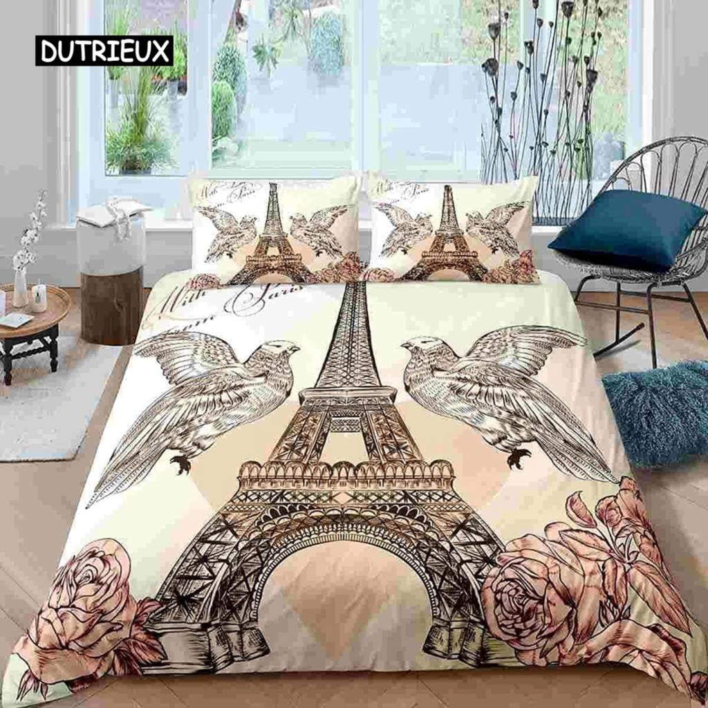 Paris Duvet Cover Vintage Eiffel Tower Red Umbrella Soft Breathable ...