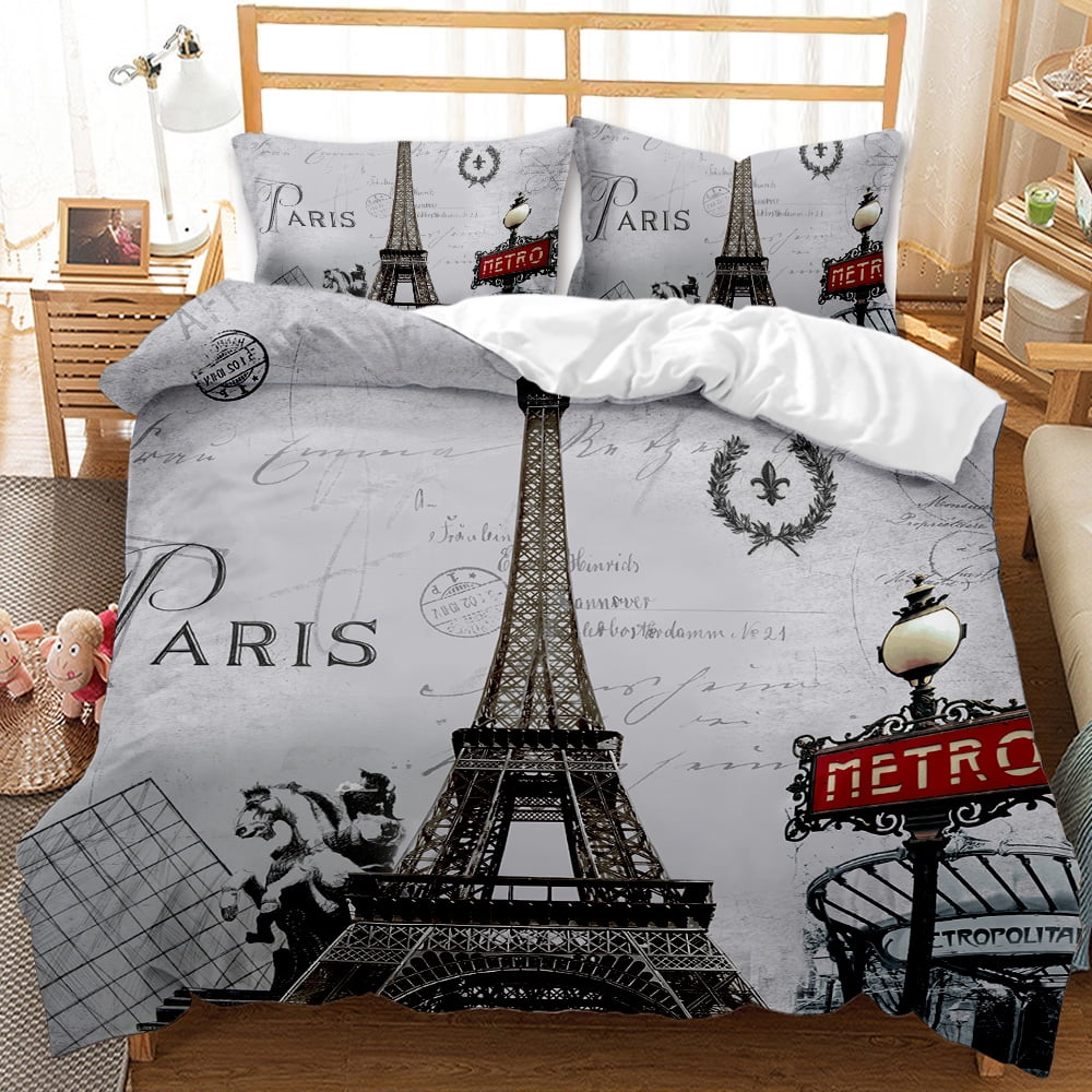Paris Eiffel Tower Duvet Cover Set Floral Paris Landmark Eiffel Tower ...