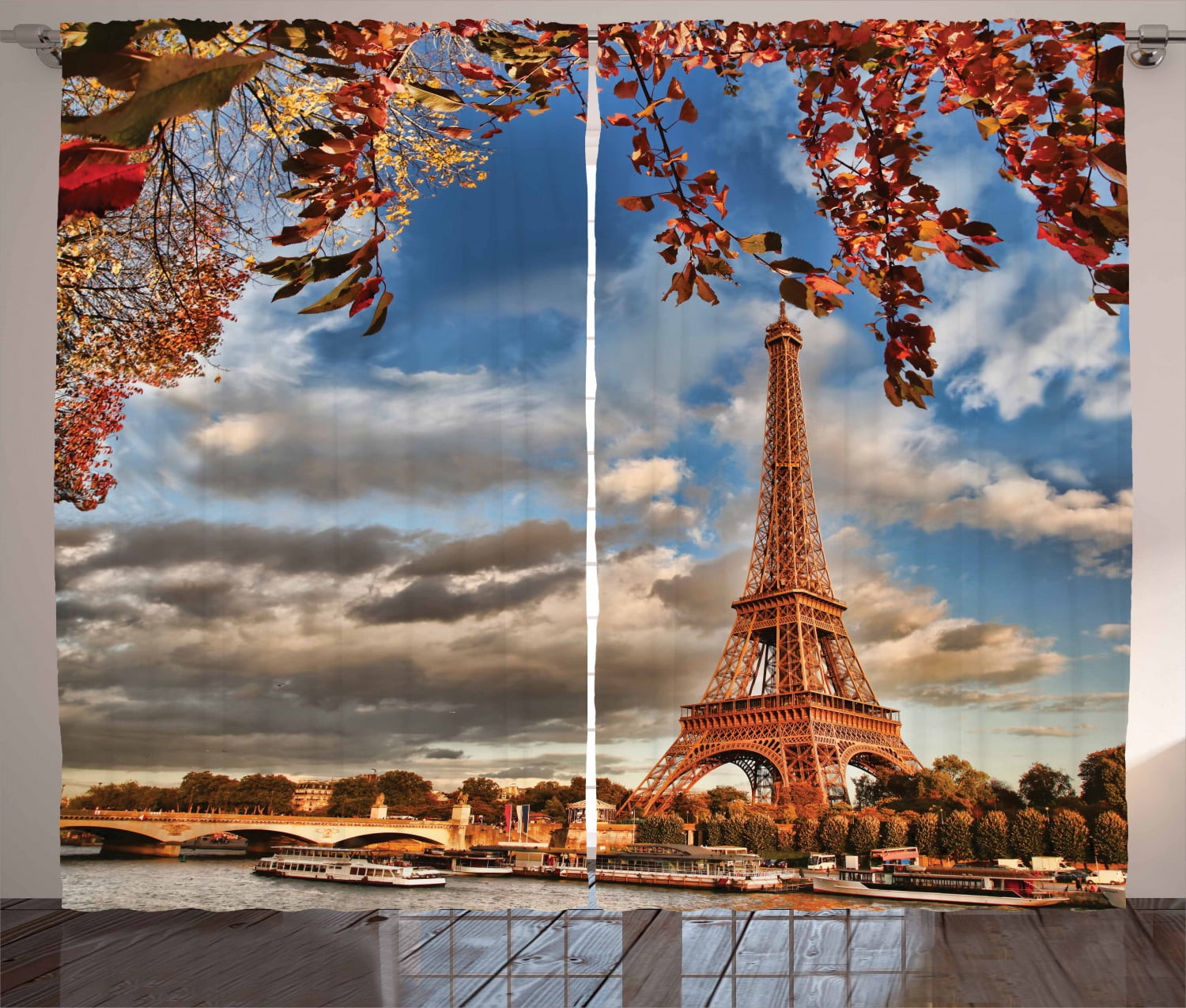 Ambesonne Paris Curtains 2 Panel Set, Beauty of Autumn Eiffel View, 108 ...
