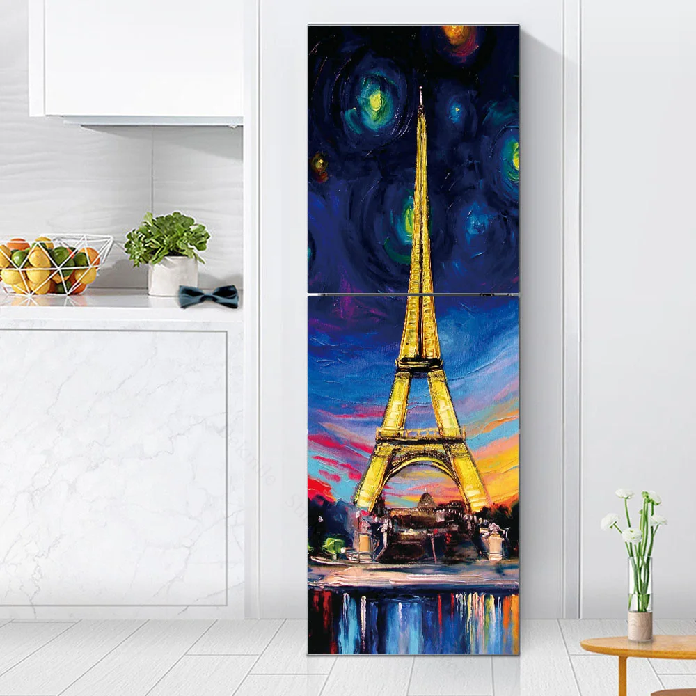 Paris Eiffel Tower Fridge Sticker Full Door Cover City View Refrigerator Stickers Mural Self ...