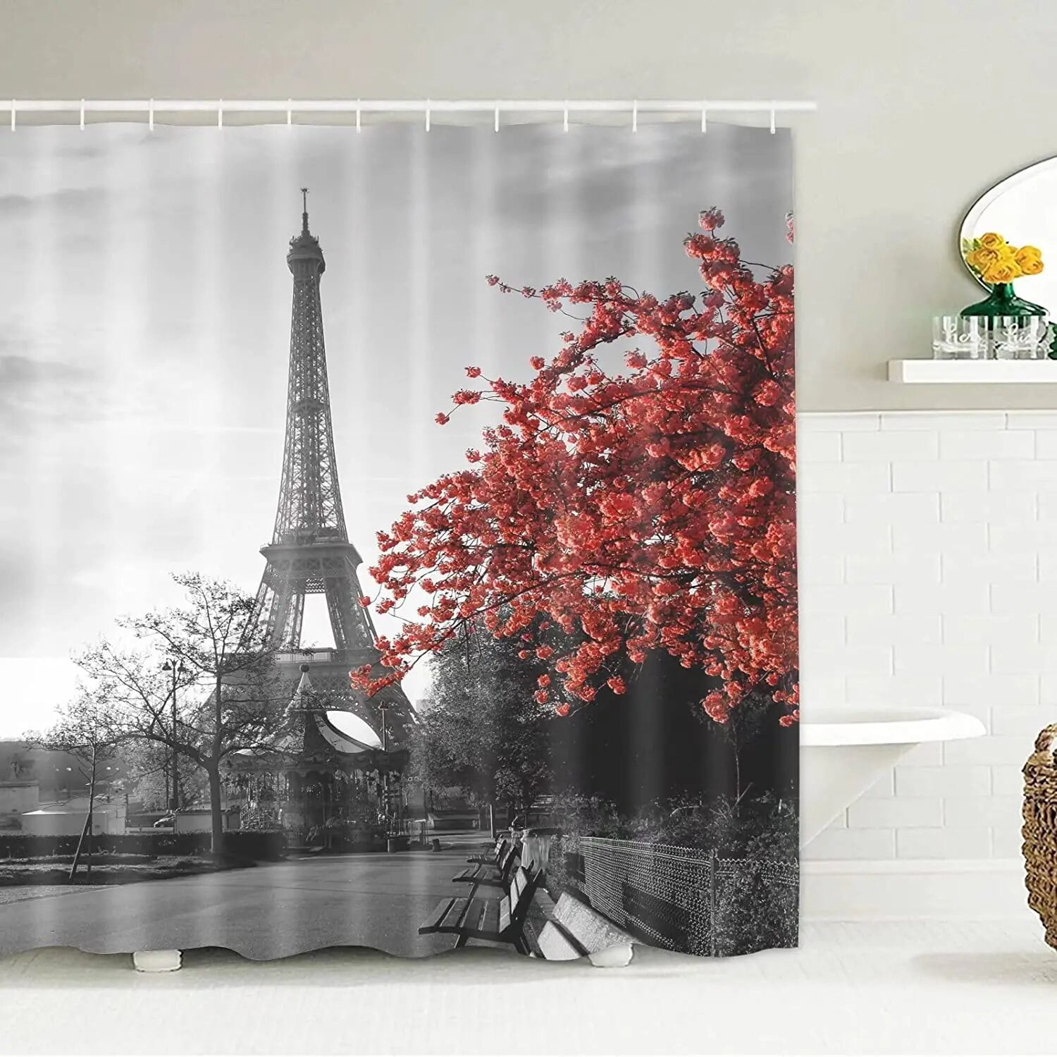 Paris Eiffel Tower Pink Shower Curtains Red Lips Big Tree Sunset Stamp ...