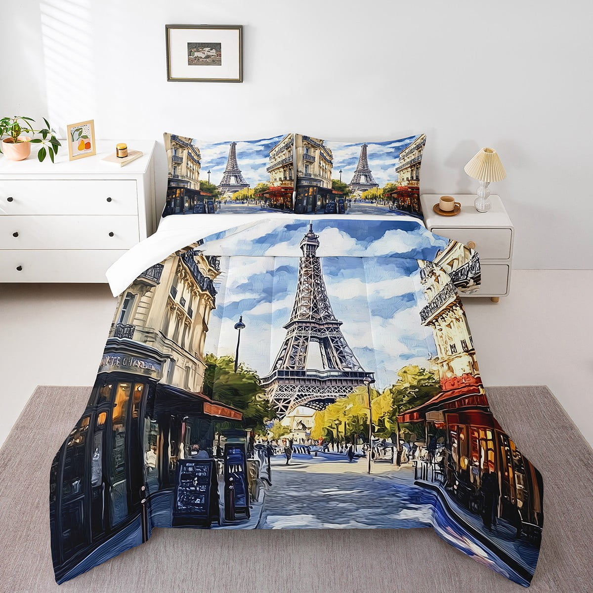 Paris Eiffel Tower Print Bedding Set Travel Theme Comforter Set Full ...