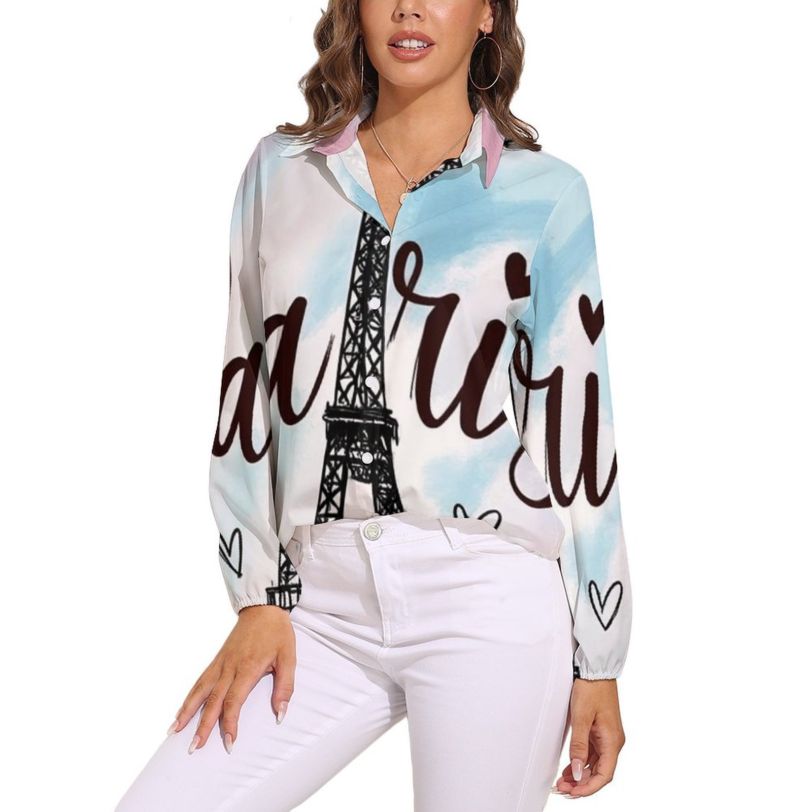 Paris Eiffel Tower Romance Vntage Casual Long Sleeve Shirt Blouse Woman ...