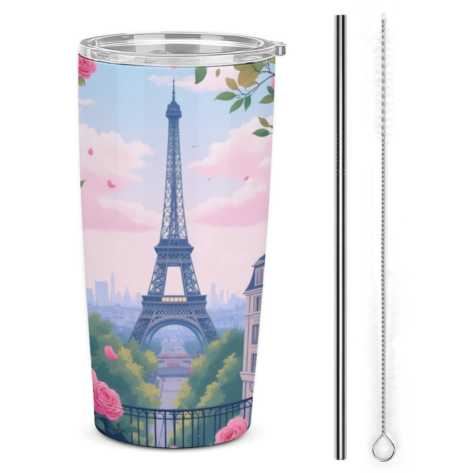 Paris Eiffel Tower Roses View Tumbler Print 20oz Stainless Steel Coffee ...