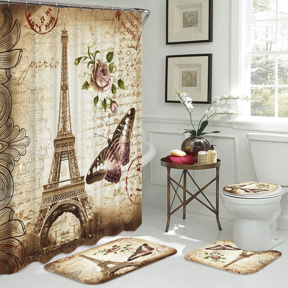 Paris Eiffel Tower Shower Curtain Set with Rugs Waterproof Curtain ...