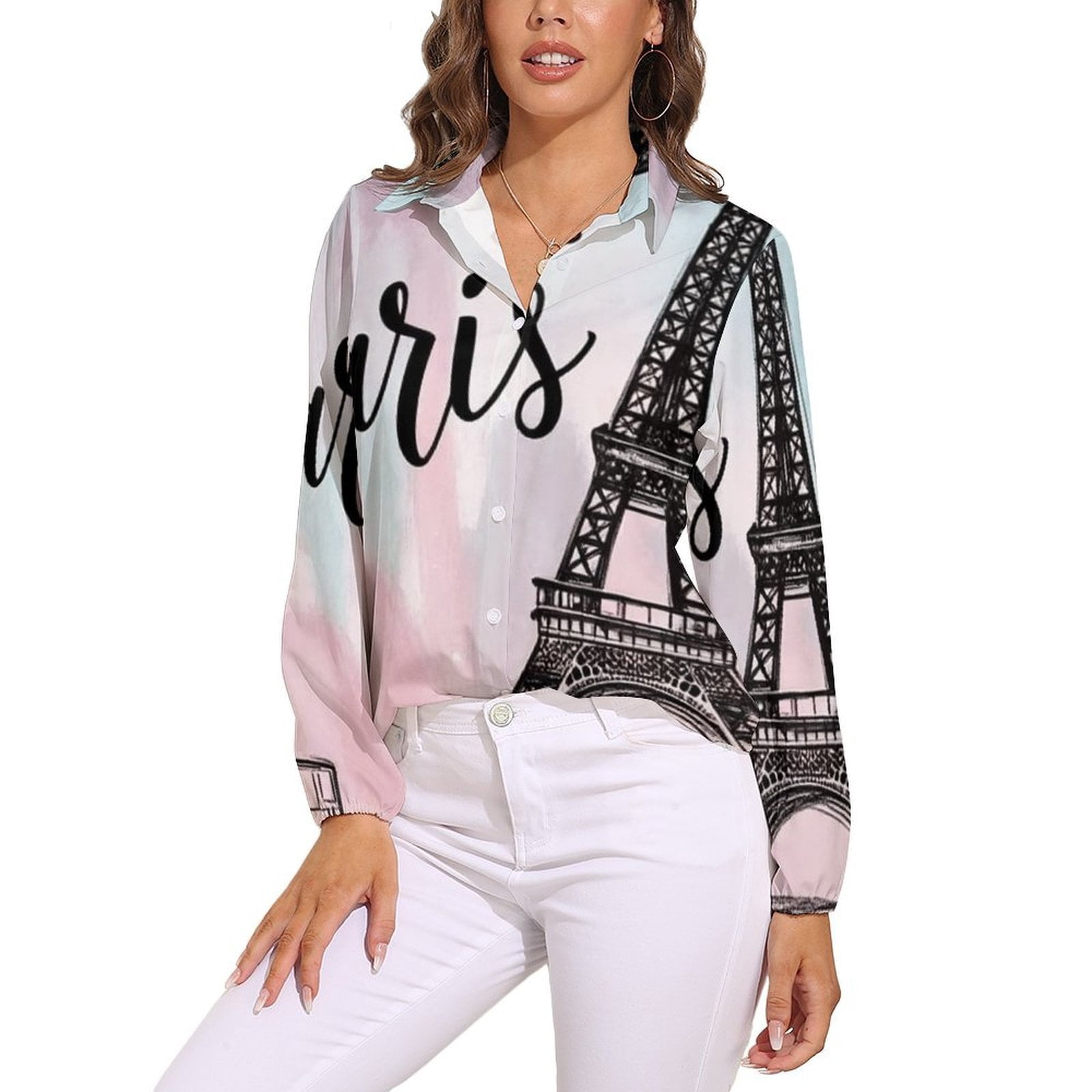 Paris Eiffel Tower Sketch Vntage Casual Long Sleeve Shirt Blouse Woman ...