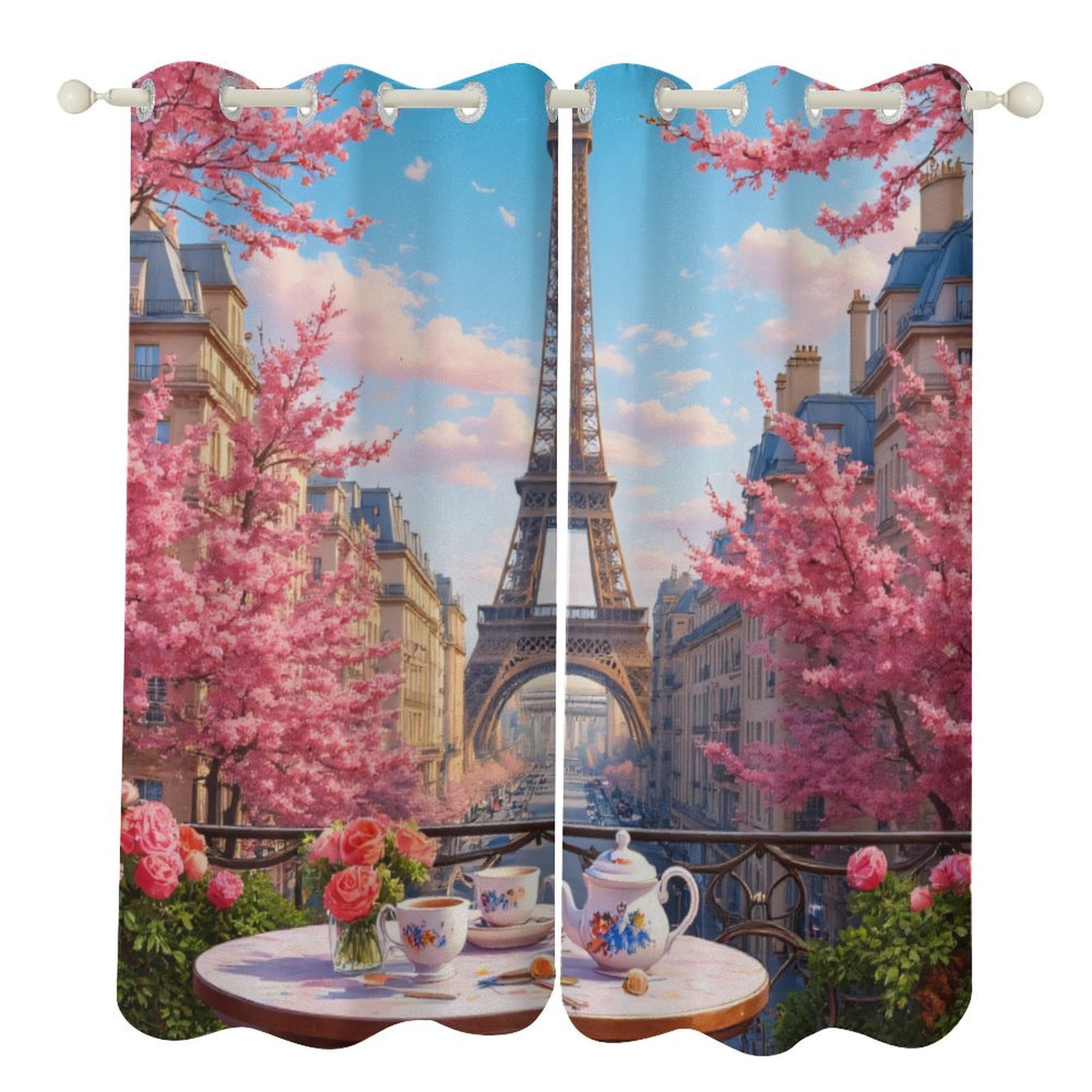 Paris Eiffel Tower Spring Tea 2 Panels 3D Printing Pattern Curtain for ...