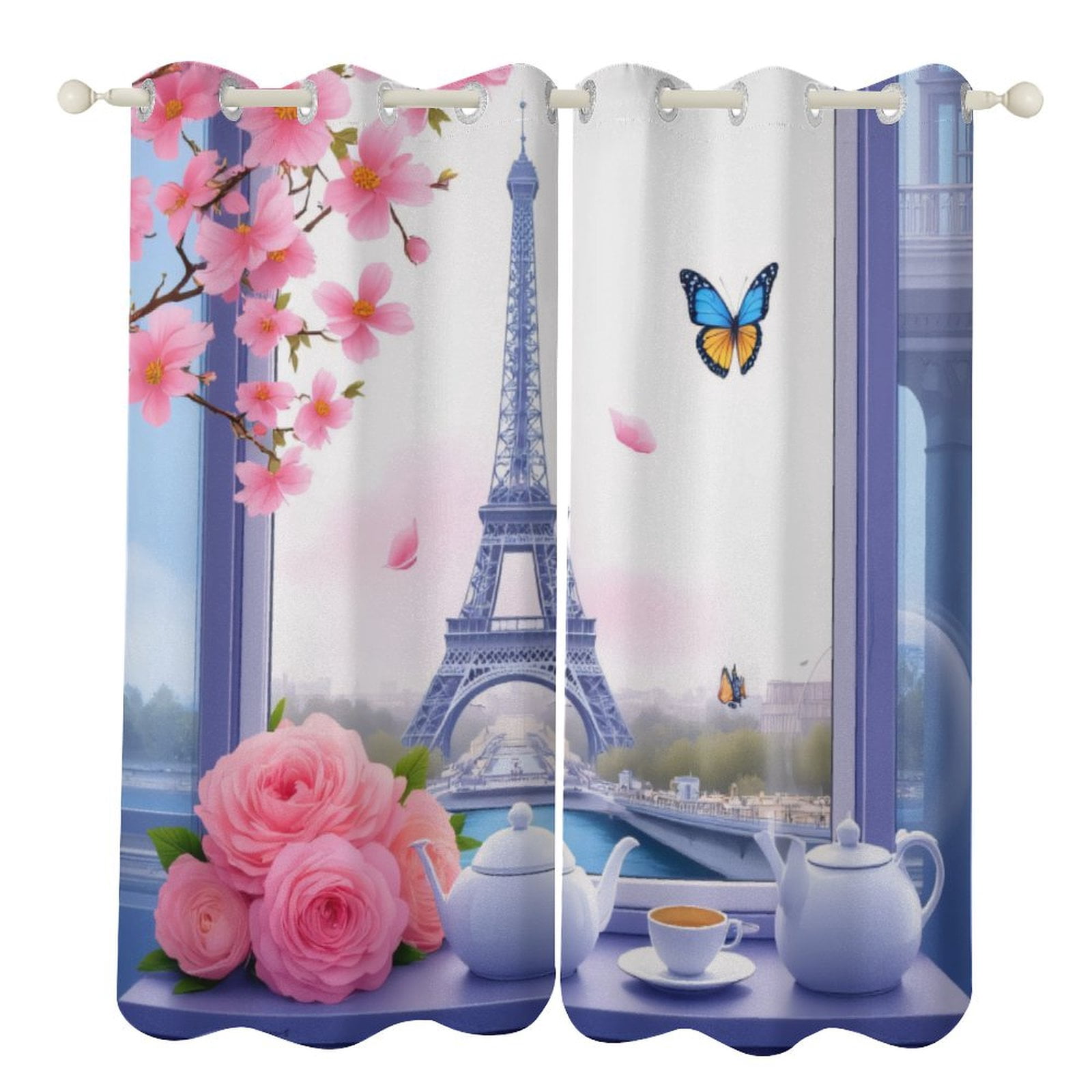 Paris Eiffel Tower Spring Tea Set 2 Panels Curtains for Bedroom Living ...