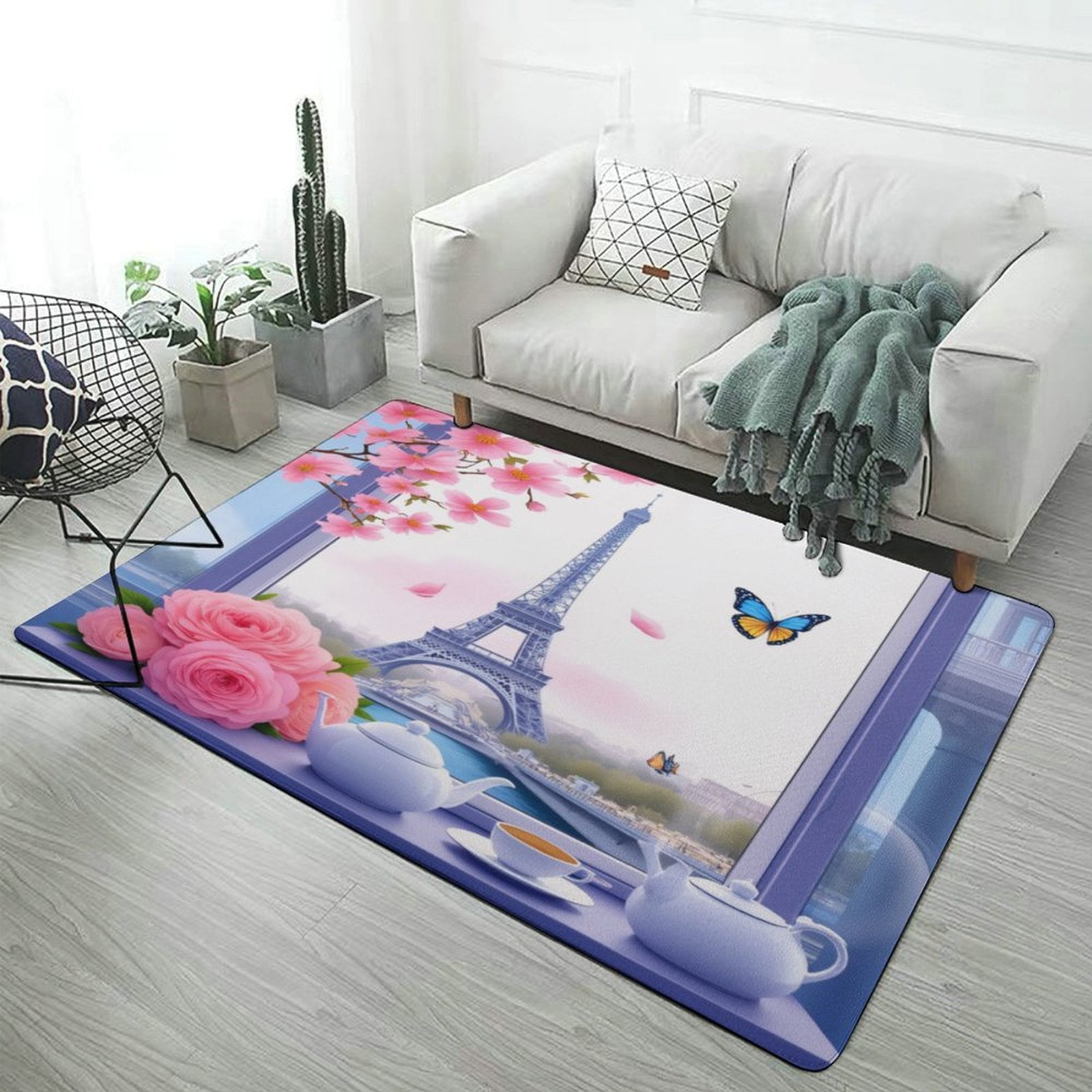 Paris Eiffel Tower Spring Tea Set Carpet Style Living Room Bedroom Rug ...