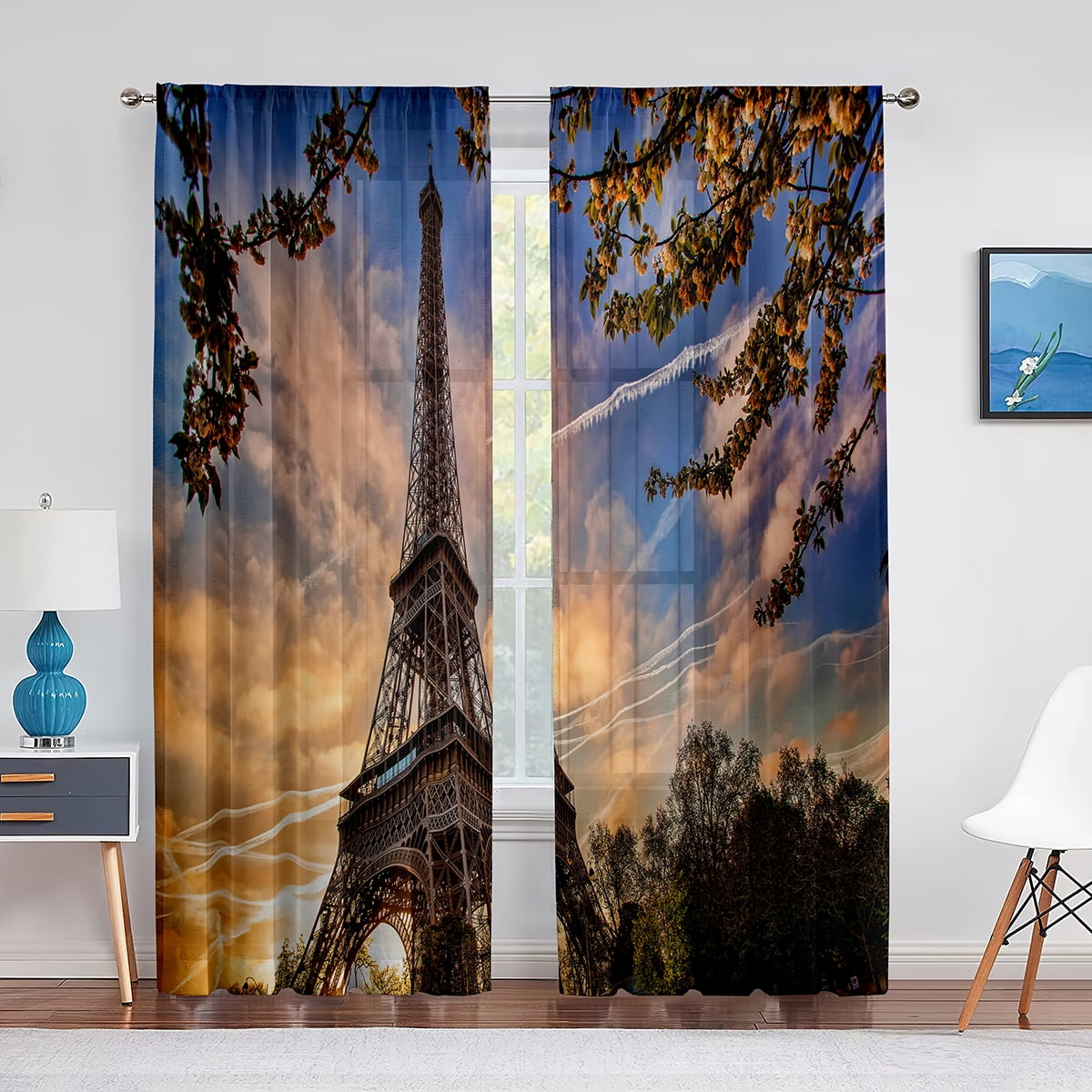 Paris Eiffel Tower Trees European City Landscape Voile Curtain Window ...
