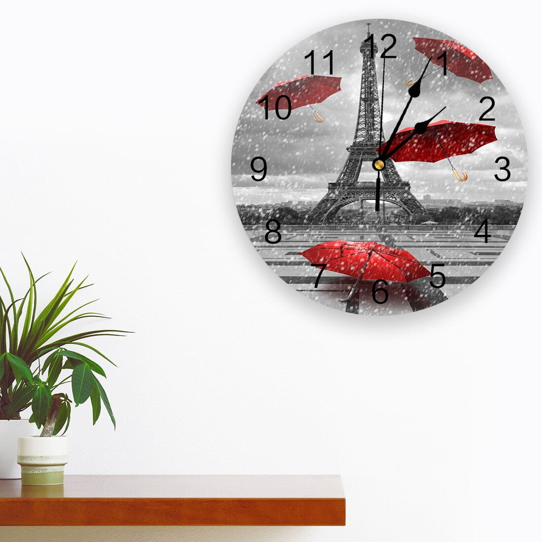 Paris Eiffel Tower Umbrella Living Room Clock Wall Round Clocks Home ...