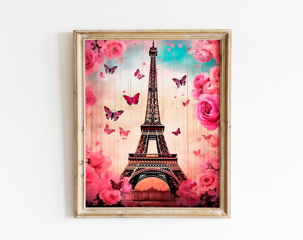 Paris Eiffel Tower Wall Art – Vintage Butterfly & Floral Print, Romantic Parisian Aesthetic ...